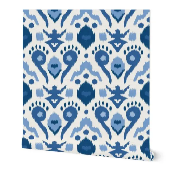 Spoonflower Nina Ikat In Ginger Jar 100% Natural Sisal Grasscloth Wallcovering - Navy,blue,white
