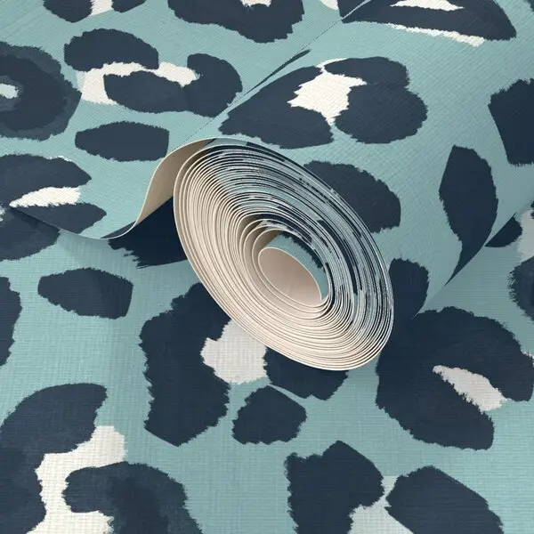 Spoonflower Navy And Teal Blue Leopard 100% Natural Sisal Grasscloth Wallcovering - Teal,blue