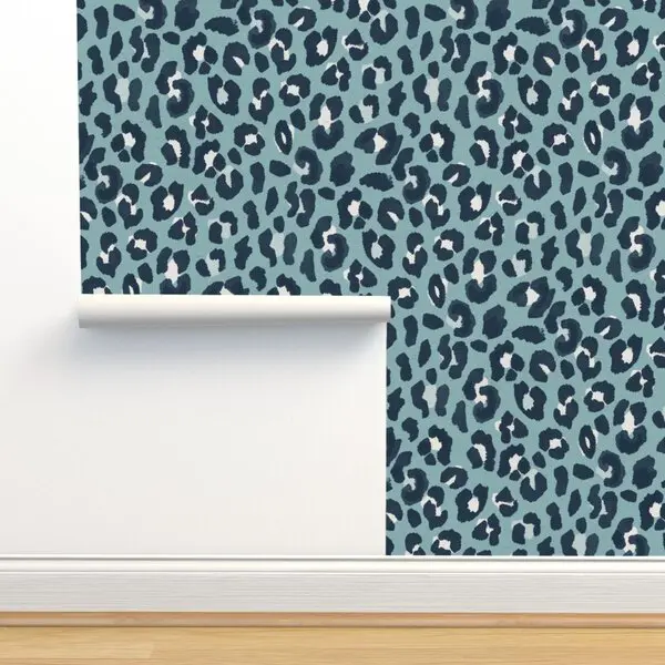 Spoonflower Navy And Teal Blue Leopard 100% Natural Sisal Grasscloth Wallcovering