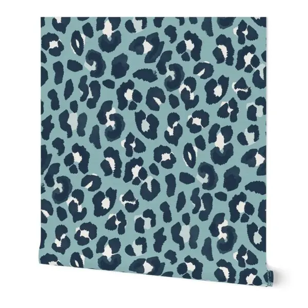 Spoonflower Navy And Teal Blue Leopard 100% Natural Sisal Grasscloth Wallcovering