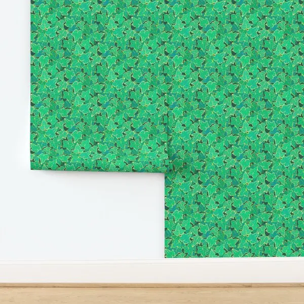 Spoonflower Green Leaves Vines Nature Plants Ivy Custom Pre-pasted Wallpaper - Mint,green