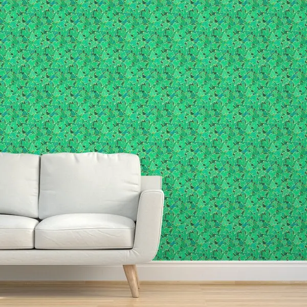 Spoonflower Green Leaves Vines Nature Plants Ivy Custom Pre-pasted Wallpaper - Mint,green