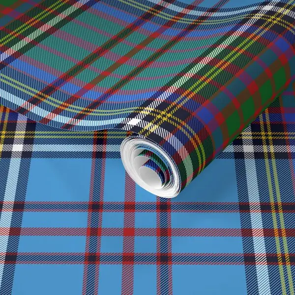 Spoonflower Family Tartan Blue Plaid Scottish Kilt Green Light Custom Pre-pasted Wallpaper - Blue,brown,red