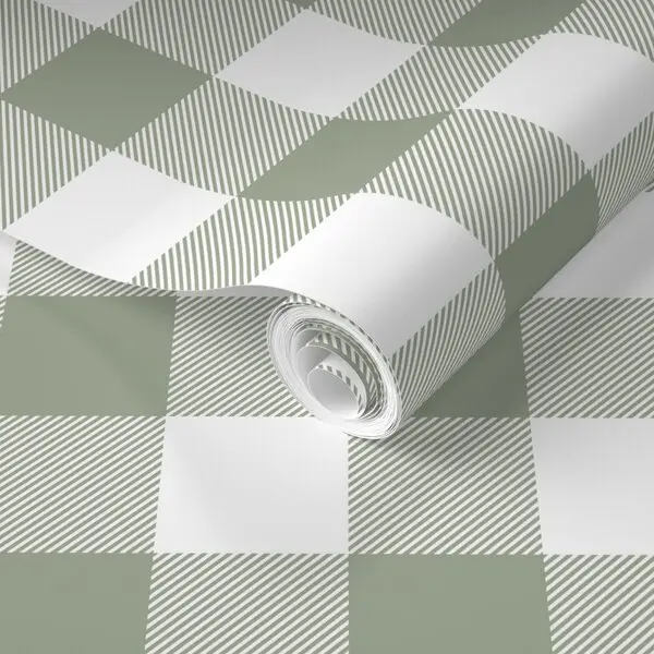 Spoonflower Buffalo Plaid Sage Green White Check Tartan Custom Pre-pasted Wallpaper - Green,white,gray