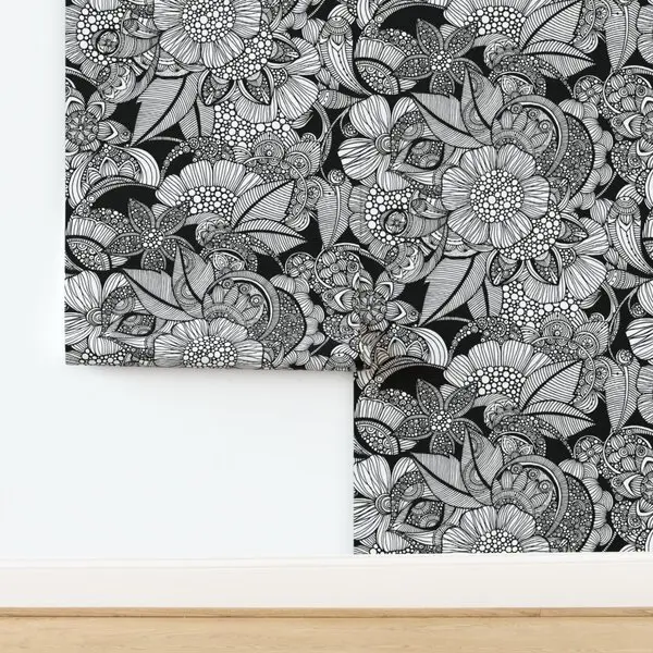 Spoonflower Black And White Flowers Dots Lines Traditional Wallpaper