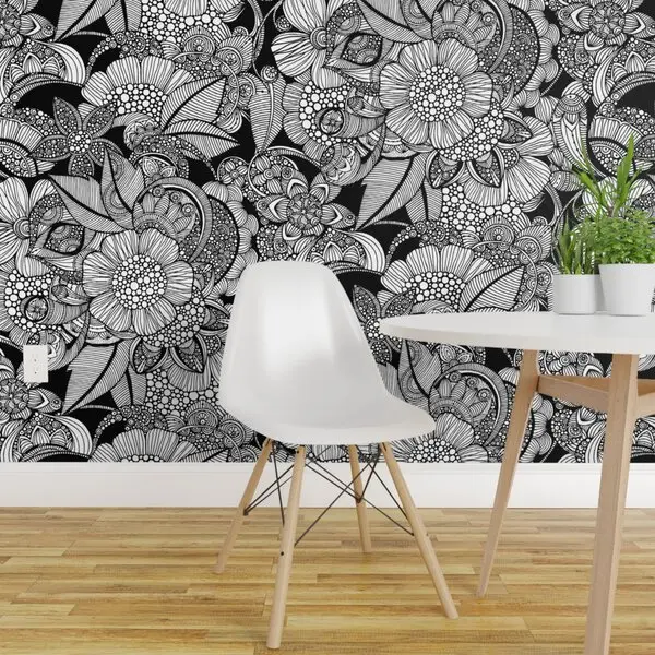 Spoonflower Black And White Flowers Dots Lines Traditional Wallpaper