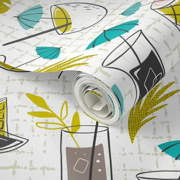 Spoonflower Vintage Retro Party Summer Beach Tropical Novelty Traditional Wallpaper - Gray,teal,blue