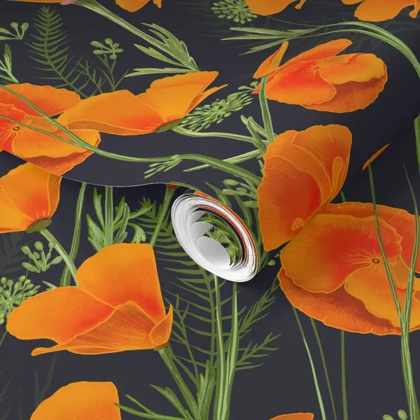 Spoonflower Poppies Poppy Orange Blue Floral Art Navy Flower Custom Pre-pasted Wallpaper - Orange,blue,gray