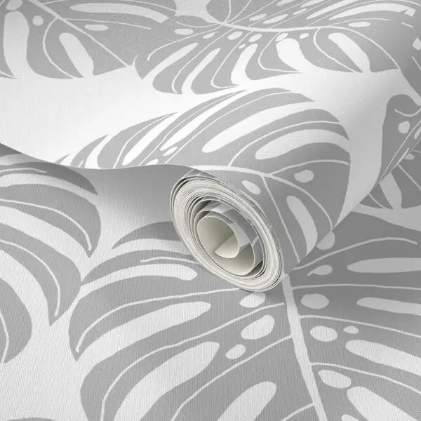 Spoonflower Palm Palms Monstera Tropical Grey Custom Pre-pasted Wallpaper - Gray,white