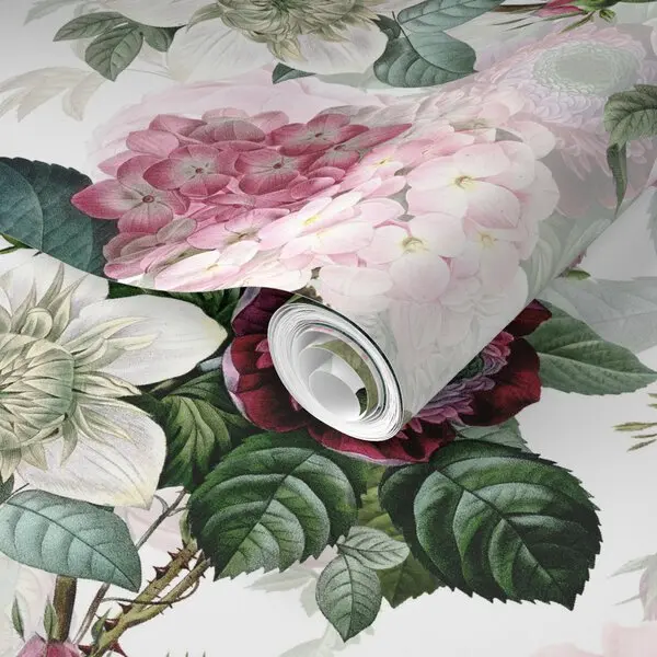 Spoonflower Antique Flowers Roses Hydrangea White Vintage Custom Removable Wallpaper - White,pink,gray