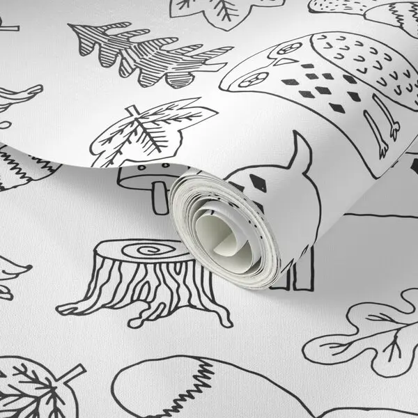 Spoonflower Woodland Animals Autumn Hand Drawn Black White Custom Pre-pasted Wallpaper - Black,white,gray