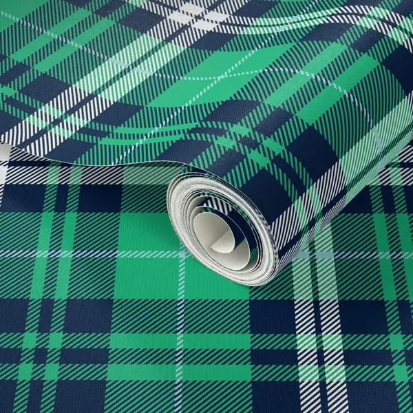 Spoonflower Patricks Day Plaid Irish Blue Green Navy Little Custom Pre-pasted Wallpaper - Green,blue,teal