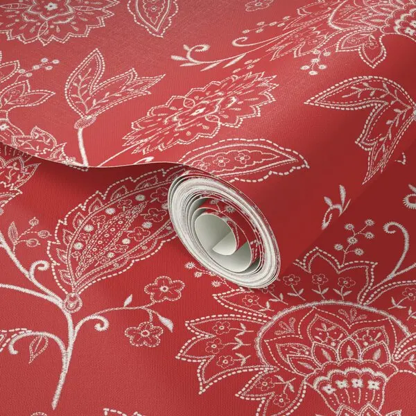 Spoonflower Country Floral Jacobean Crewel Work Custom Removable Wallpaper - Red,pink