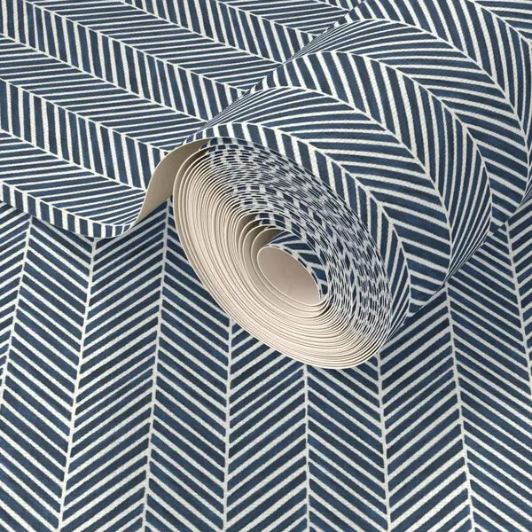 Spoonflower Navy Herringbone 100% Natural Sisal Grasscloth Wallcovering - Navy,blue