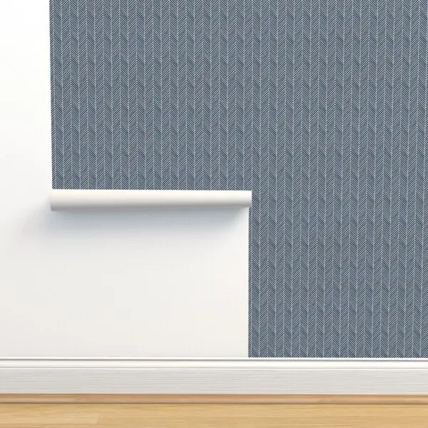 Spoonflower Navy Herringbone 100% Natural Sisal Grasscloth Wallcovering - Navy,blue