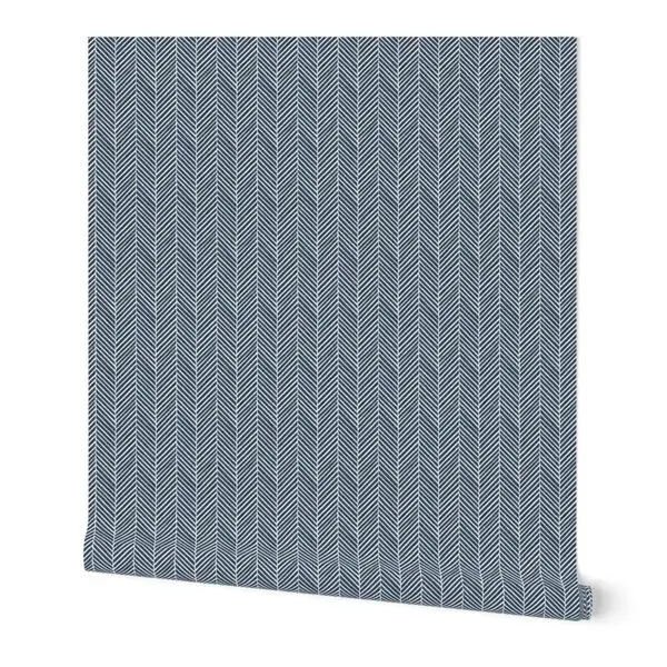 Spoonflower Navy Herringbone 100% Natural Sisal Grasscloth Wallcovering - Navy,blue