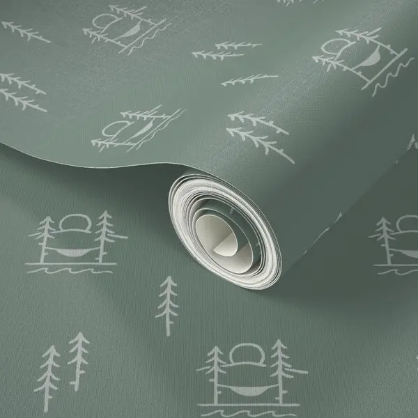 Spoonflower Green Nature Forest Trees Hand Drawn Natural Custom Pre-pasted Wallpaper - Green,gray
