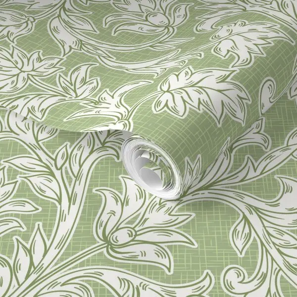 Spoonflower Green Leaves Nature Vine Custom Pre-pasted Wallpaper - Green,sage