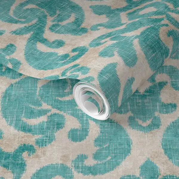 Spoonflower Vintage Damask In Aqua Blue Custom Removable Wallpaper - Blue,beige,green
