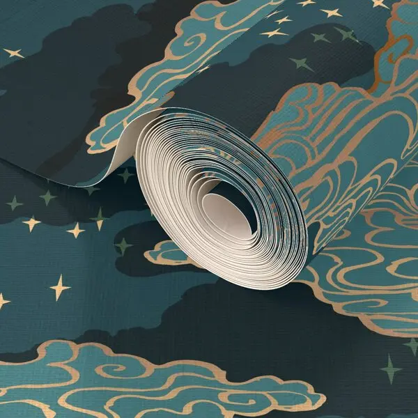 Spoonflower Clouds And Stars Custom Pre-pasted Wallpaper - Blue,green,gray