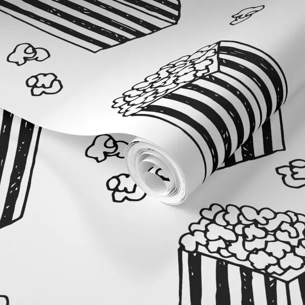 Spoonflower Black And White Food Movie Popcorn Film Snacks Custom Removable Wallpaper - Black,white,gray