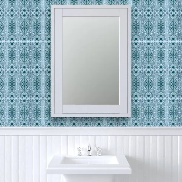 Spoonflower Sunflower Elegant Art Nouveau Edwardian Custom Pre-pasted Wallpaper - Blue
