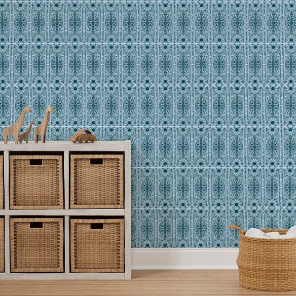 Spoonflower Sunflower Elegant Art Nouveau Edwardian Custom Pre-pasted Wallpaper - Blue