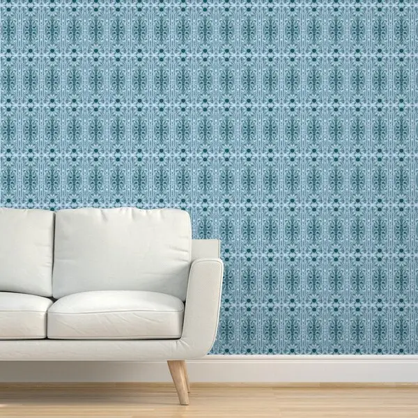 Spoonflower Sunflower Elegant Art Nouveau Edwardian Custom Pre-pasted Wallpaper - Blue