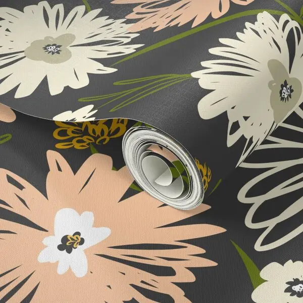 Spoonflower Flower Black Flowers Floral Spring Summer Garden Traditional Wallpaper - Gray,beige,brown