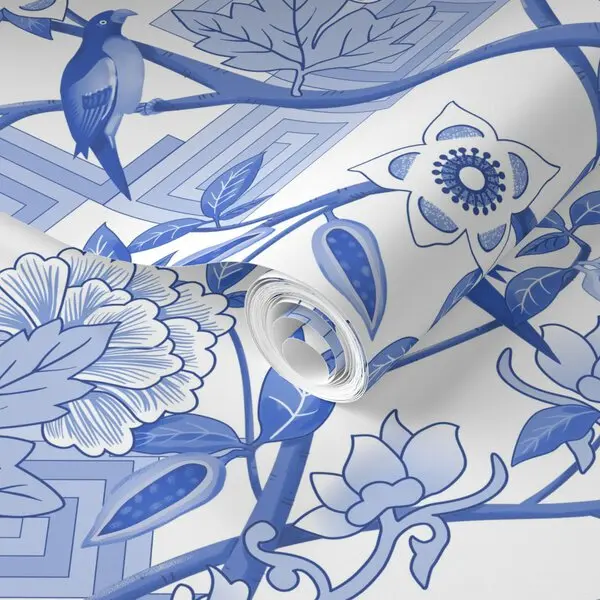 Spoonflower Blue And White Chinoiserie Birds Flowers Parrot Custom Pre-pasted Wallpaper - Blue,white