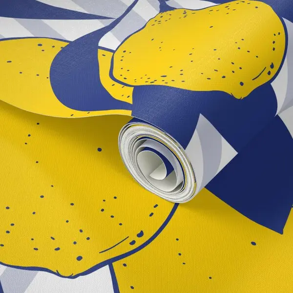 Spoonflower Blue Yellow Fruit Branch Citrus Hand Drawn Custom Pre-pasted Wallpaper - Blue,gray,yellow