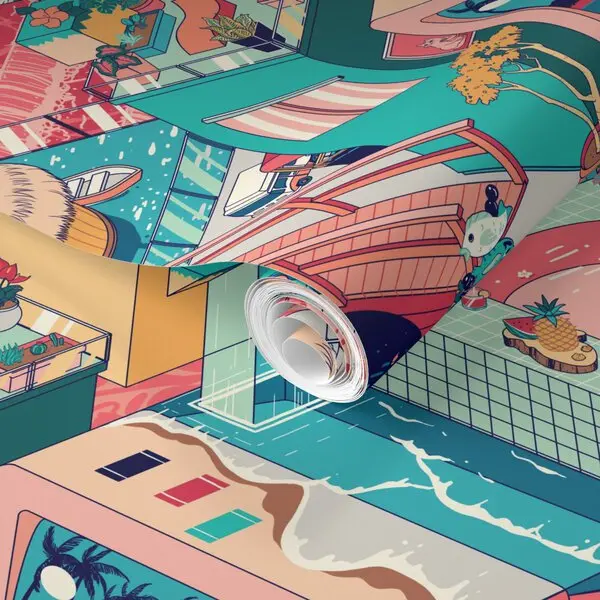 Spoonflower Nature Retro Plants Tropical Computer Ocean Custom Pre-pasted Wallpaper - Blue,pink,green