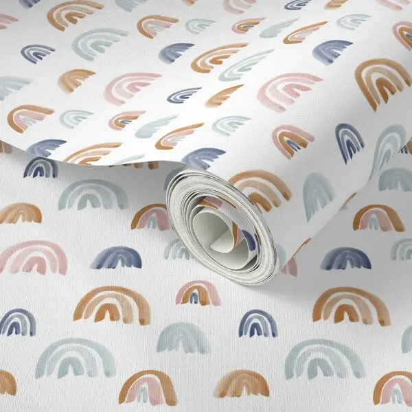 Spoonflower White Rainbows Earth Tones Nursery Watercolor Custom Removable Wallpaper - White,brown,gray