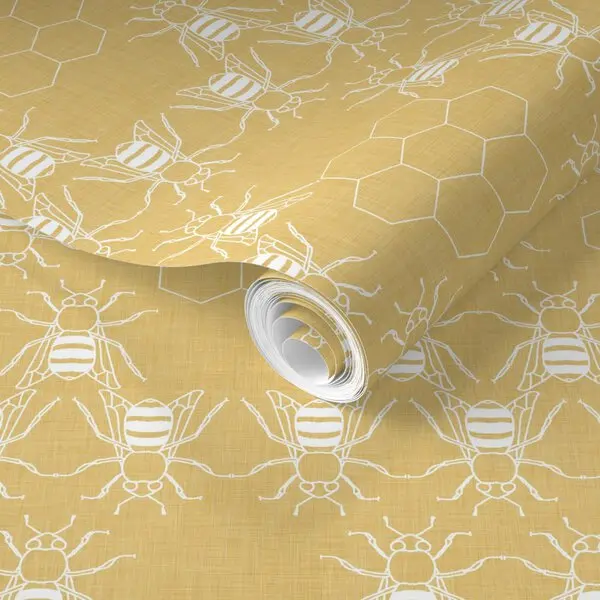 Spoonflower Honey Bee Yellow White Custom Pre-pasted Wallpaper - Yellow,white,brown