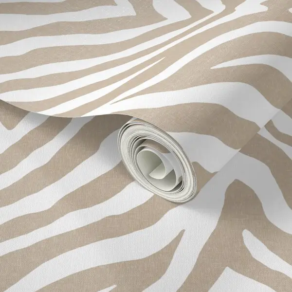 Spoonflower Zebra In Linen And White Custom Pre-pasted Wallpaper - Beige,white,gray