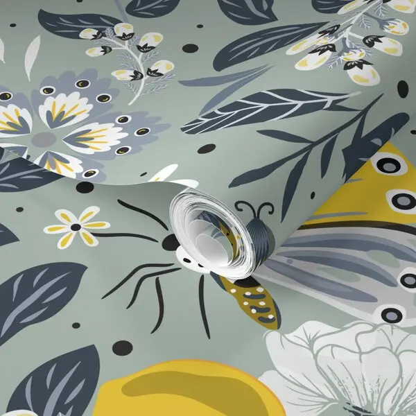 Spoonflower Garden Large Vintage Leaves Butterflies Butterfly Custom Pre-pasted Wallpaper - Gray,blue,green