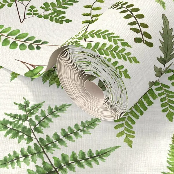 Spoonflower Woodland Forest Botanical Fern Leaves On 100% Natural Sisal Grasscloth Wallcovering - Green
