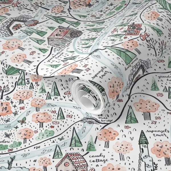 Spoonflower Forest Map Magical Watercolor Custom Removable Wallpaper - White,gray,green