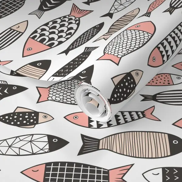 Spoonflower Black And White Geometric Fish Traditional Wallpaper - Gray,black,brown