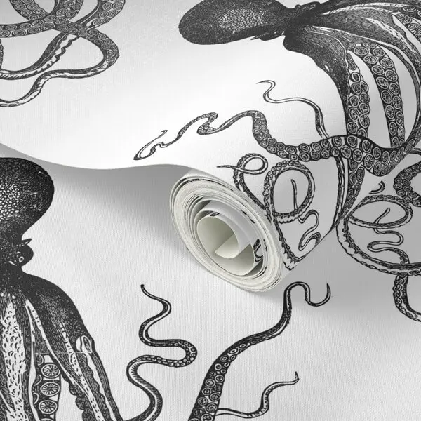 Spoonflower Black And White Vintage Squid Octopus Cthulhu Traditional Wallpaper - Black,white,gray