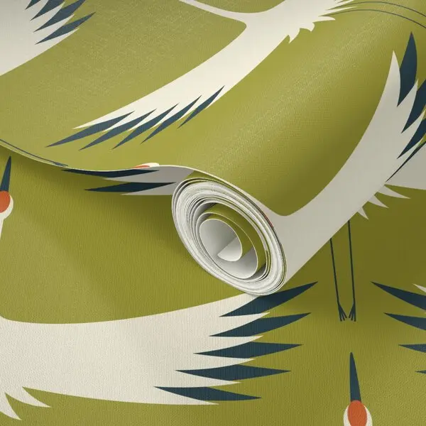Spoonflower Lime Green Whooping Crane Endangered Species Fly Custom Pre-pasted Wallpaper - Green,beige,blue