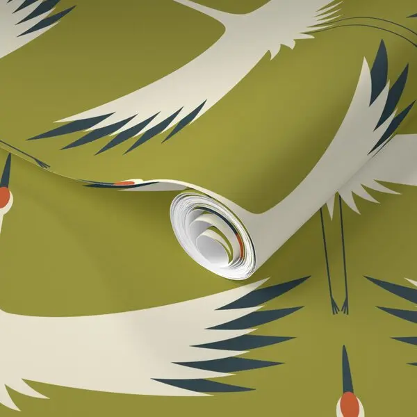 Spoonflower Lime Green Whooping Crane Endangered Species Fly Custom Pre-pasted Wallpaper - Green,beige,blue