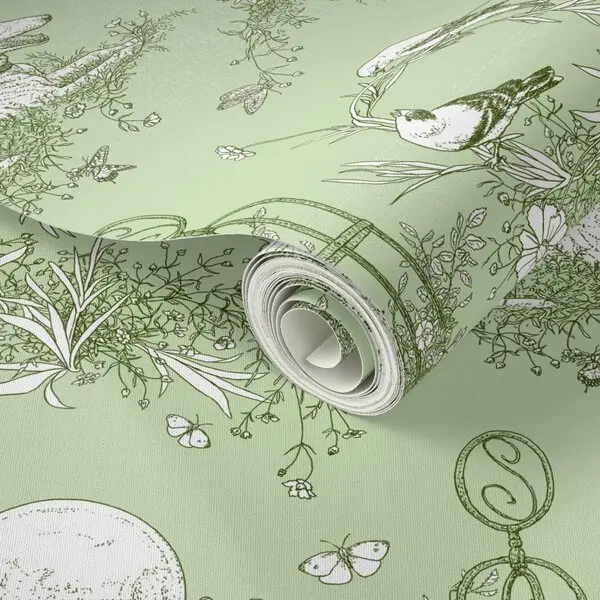 Spoonflower Green Flowers Butterflies Birds Garden Toile Custom Removable Wallpaper - Sage,green,gray