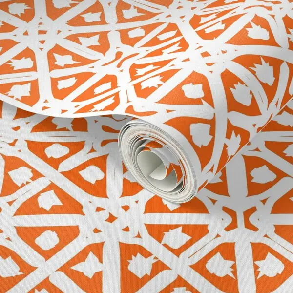 Spoonflower Orange Porch Poolside Trina Turk Outdoor Custom Pre-pasted Wallpaper - Orange,white,gray