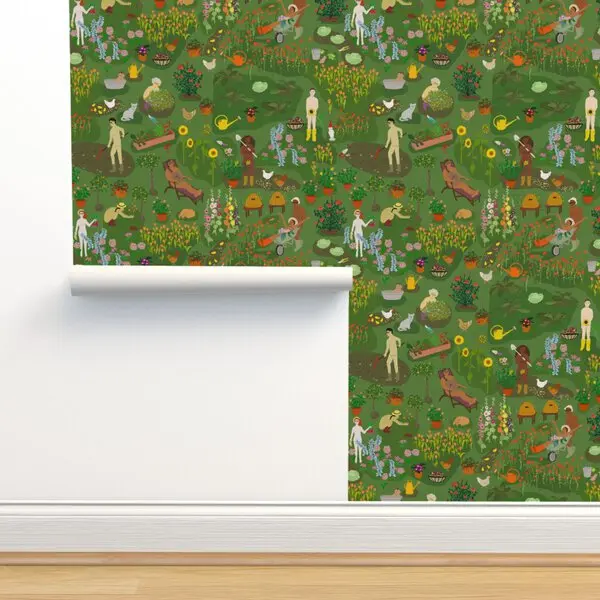 Spoonflower Naked Gardening 100% Natural Sisal Grasscloth Wallcovering - Green