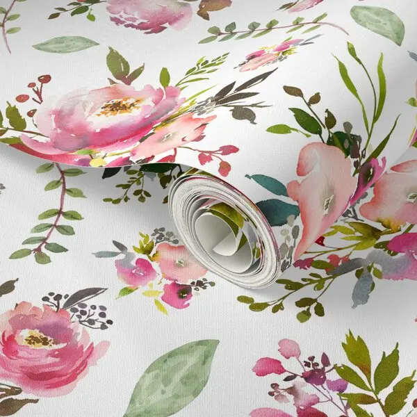 Spoonflower Watercolor Peonies Roses Floral Pink Plum Blush Custom Pre-pasted Wallpaper - Pink,green,red