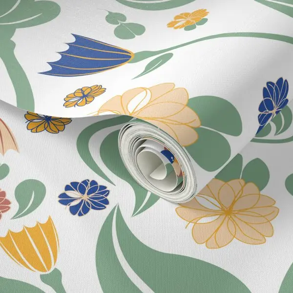 Spoonflower Flowers Paisley Folk Traditional Swedish Custom Pre-pasted Wallpaper - Gray,blue,green