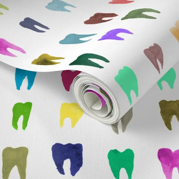 Spoonflower Watercolor Quirky Rainbow Teeth Tooth Dentist Custom Removable Wallpaper - Gray,teal,brown