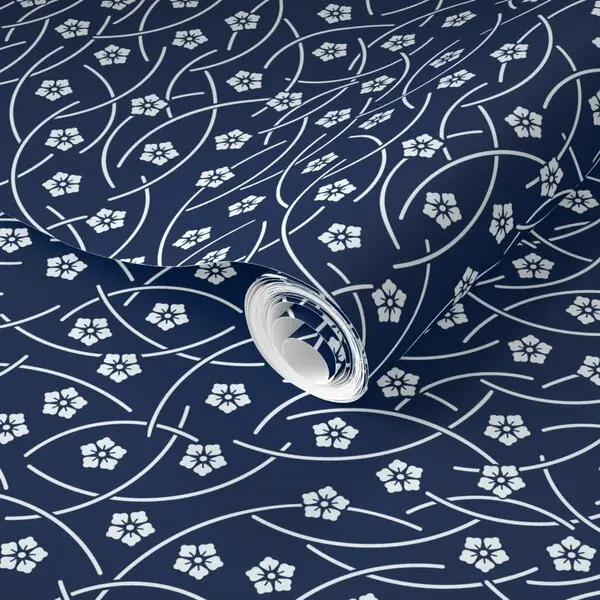 Spoonflower Asian Japan Japanese Pattern Blossom Kimono Custom Removable Wallpaper - Blue