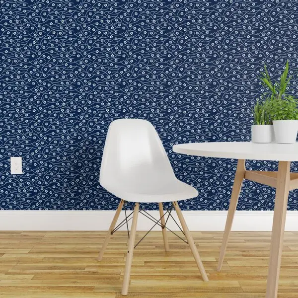 Spoonflower Asian Japan Japanese Pattern Blossom Kimono Custom Removable Wallpaper - Blue